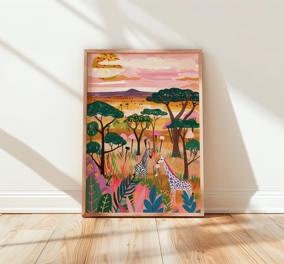 Colorful African Savanna Sunset - Vibrant Gouache Landscape Art, Boho ...