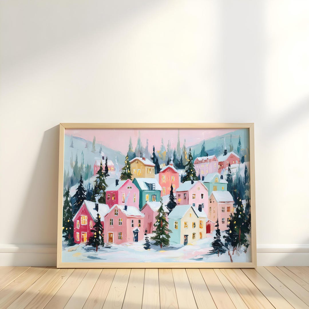 Cozy Winter Village Scene Printable Art, Hand-painted Watercolor ...