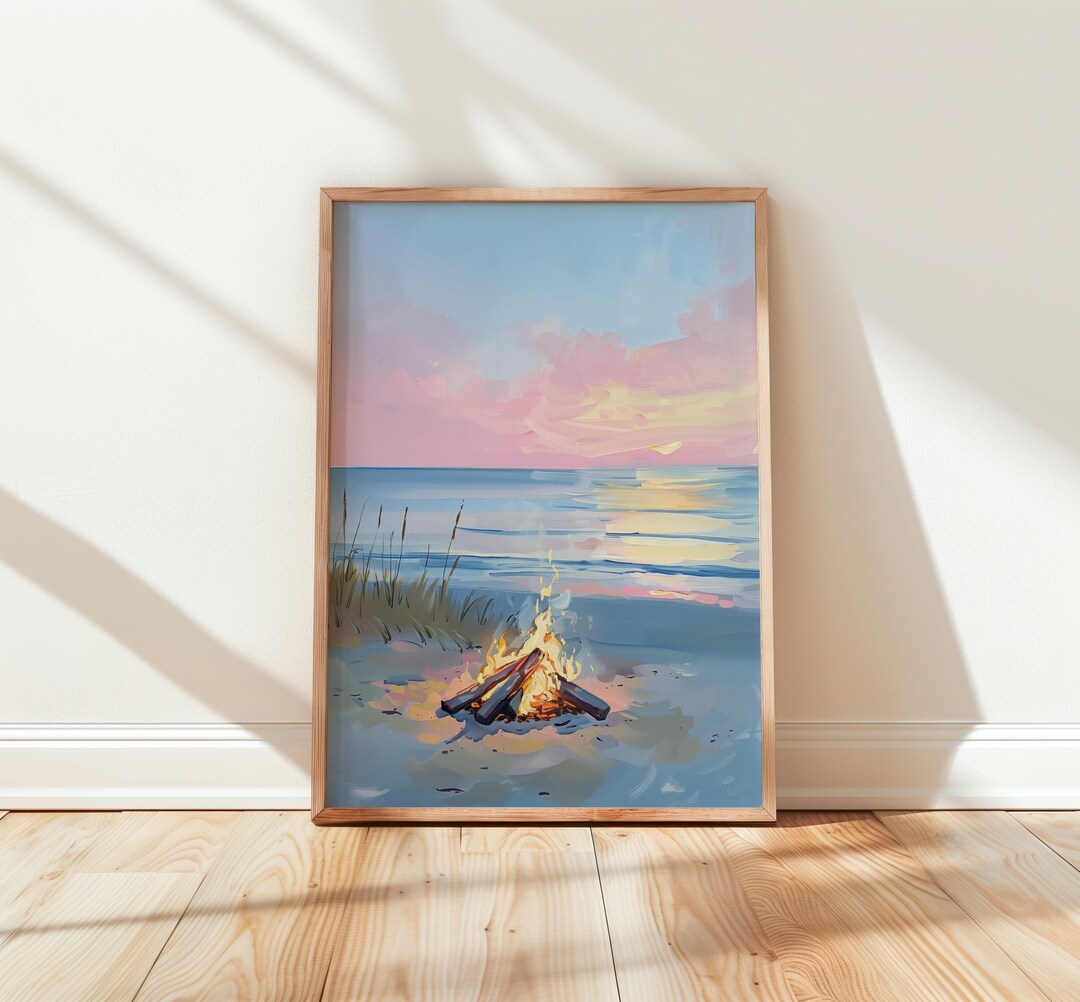 Cozy Evening Beach Bonfire Print - Tranquil Coastal Sunset Art ...