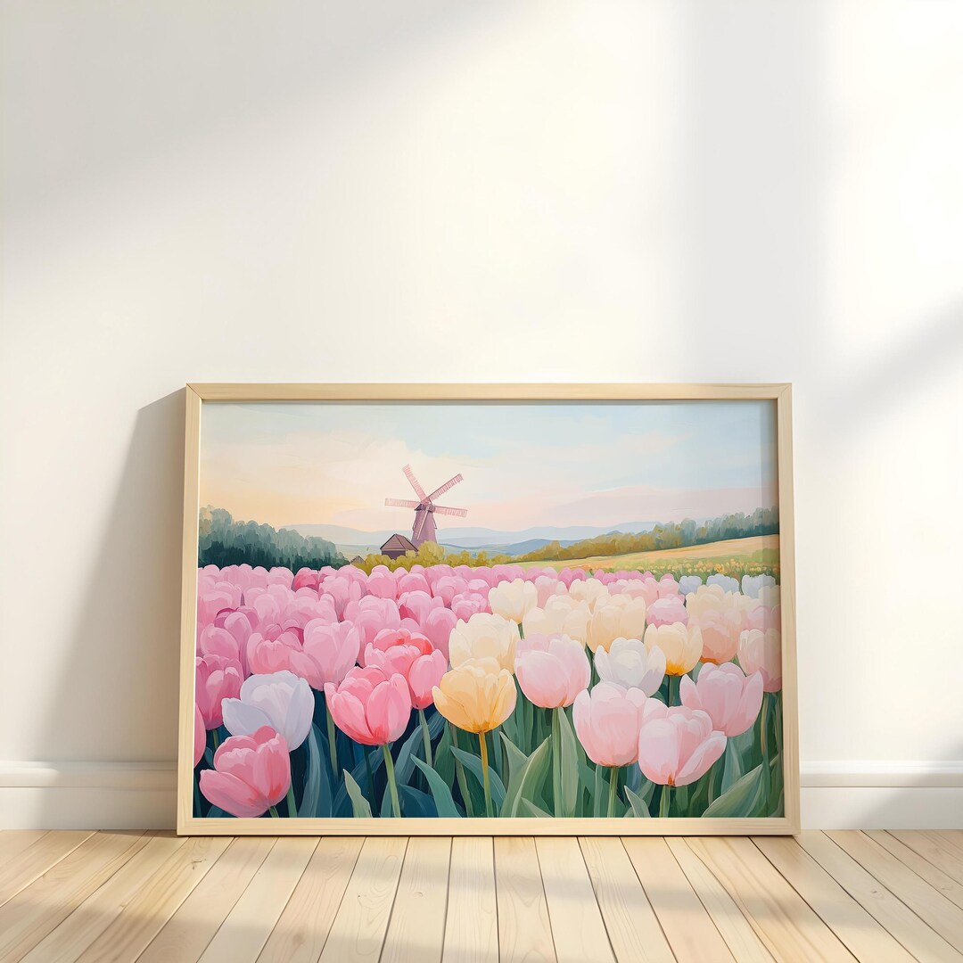 Pastel Dutch Windmill and Tulip Field Wall Art - Springtime Digital ...