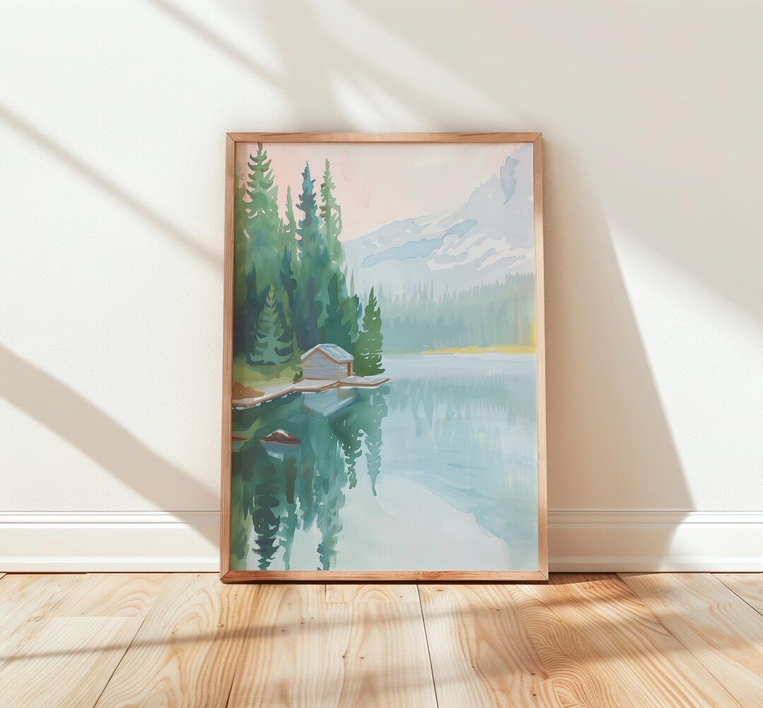 Rustic Forest Lake Scene - Printable Wooden Cabin Watercolor, Tranquil ...