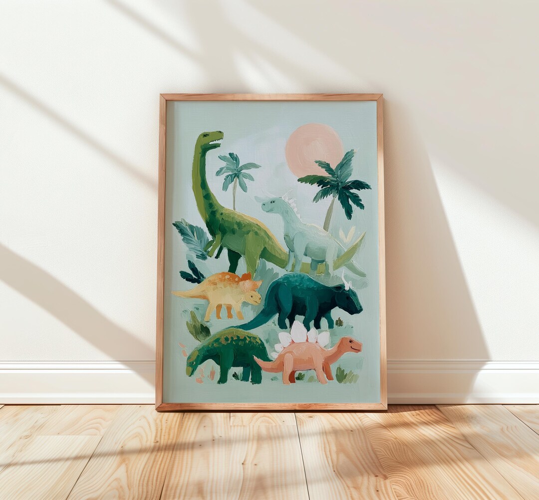 Colorful Dinosaur Wall Art, Cute Prehistoric Nursery Decor, Pastel ...