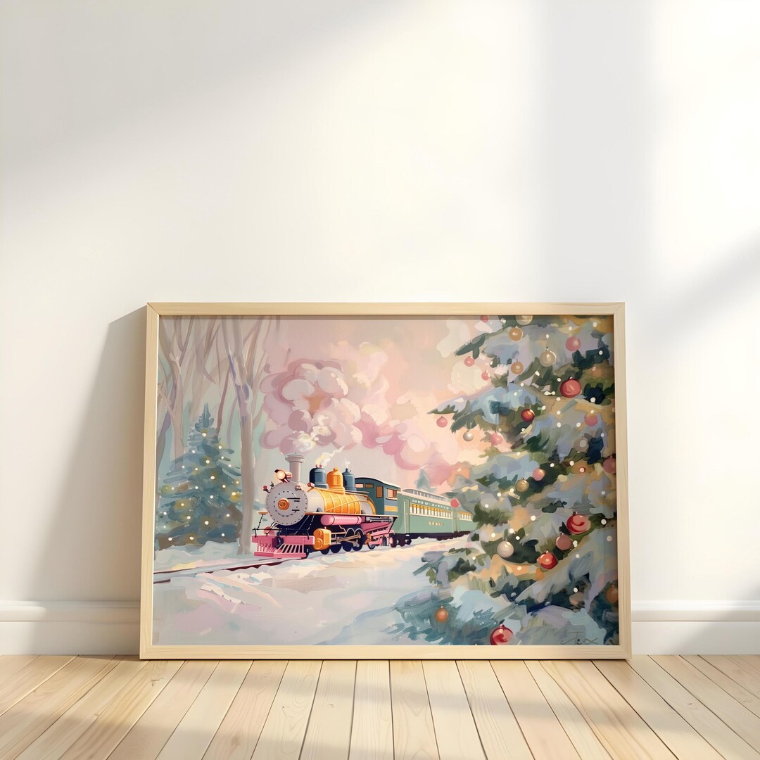 Vintage Christmas Train Wall Art, Pastel Holiday Steam Engine Print ...