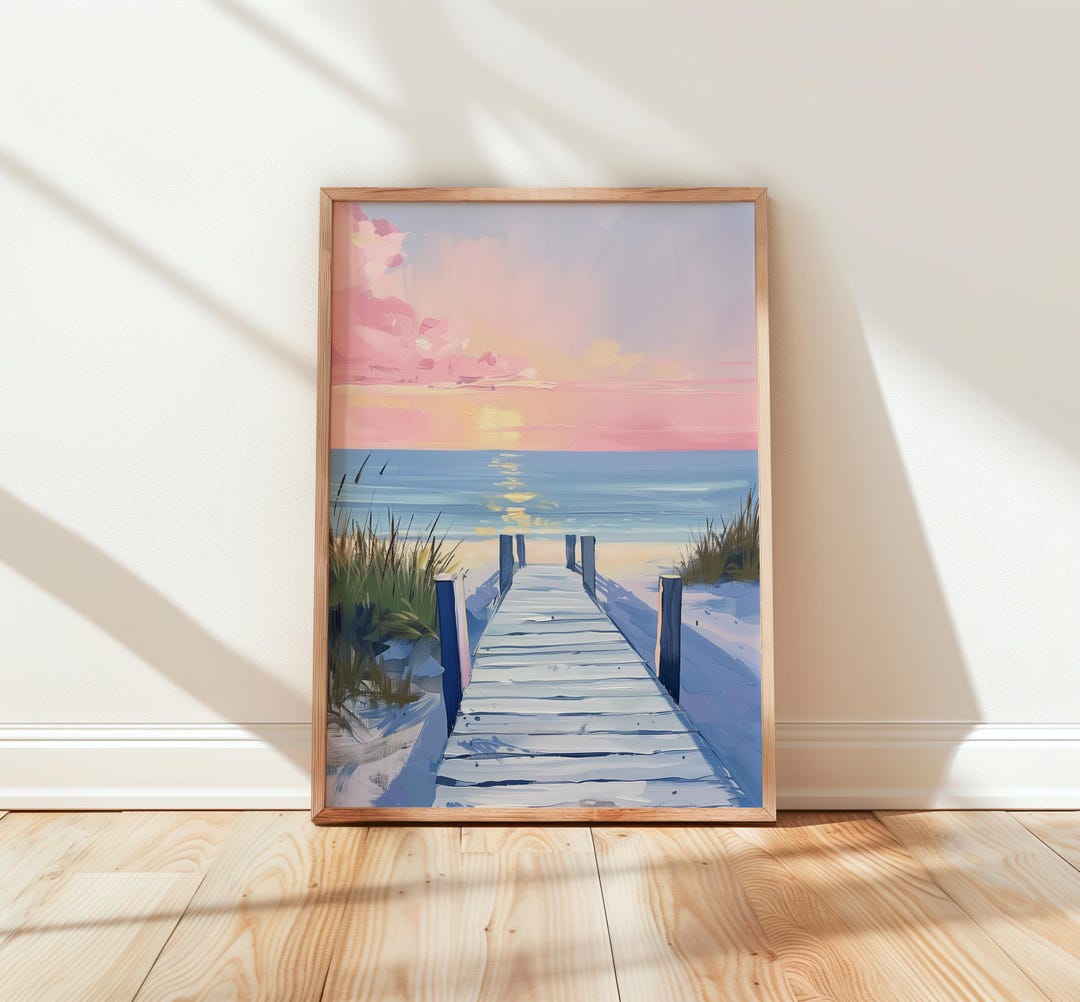 Coastal Pier at Sunset Printable Art - Serene Seascape With Coral Sky ...