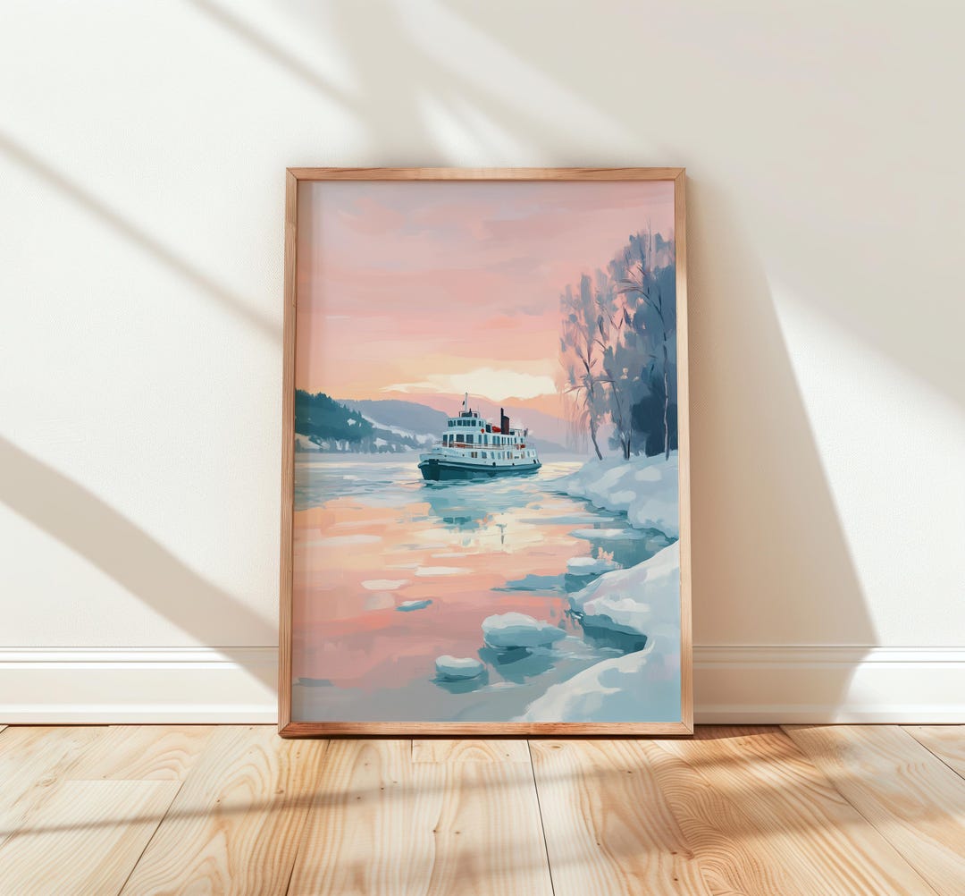 Vintage Winter Ferry Crossing Art - Moody Icy Water Scene, Floating Ice ...