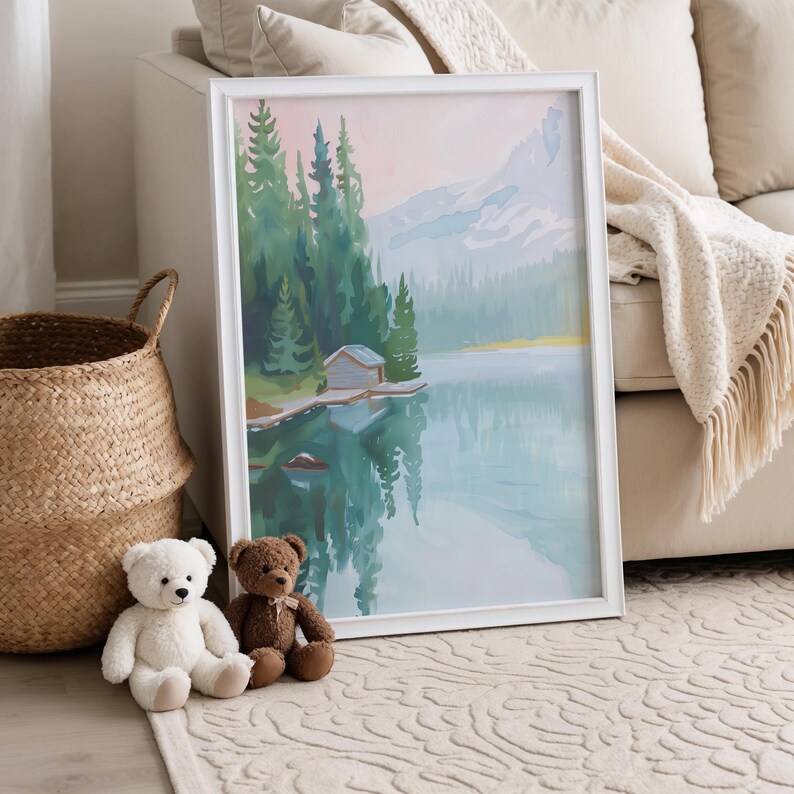 Rustic Forest Lake Scene - Printable Wooden Cabin Watercolor, Tranquil ...