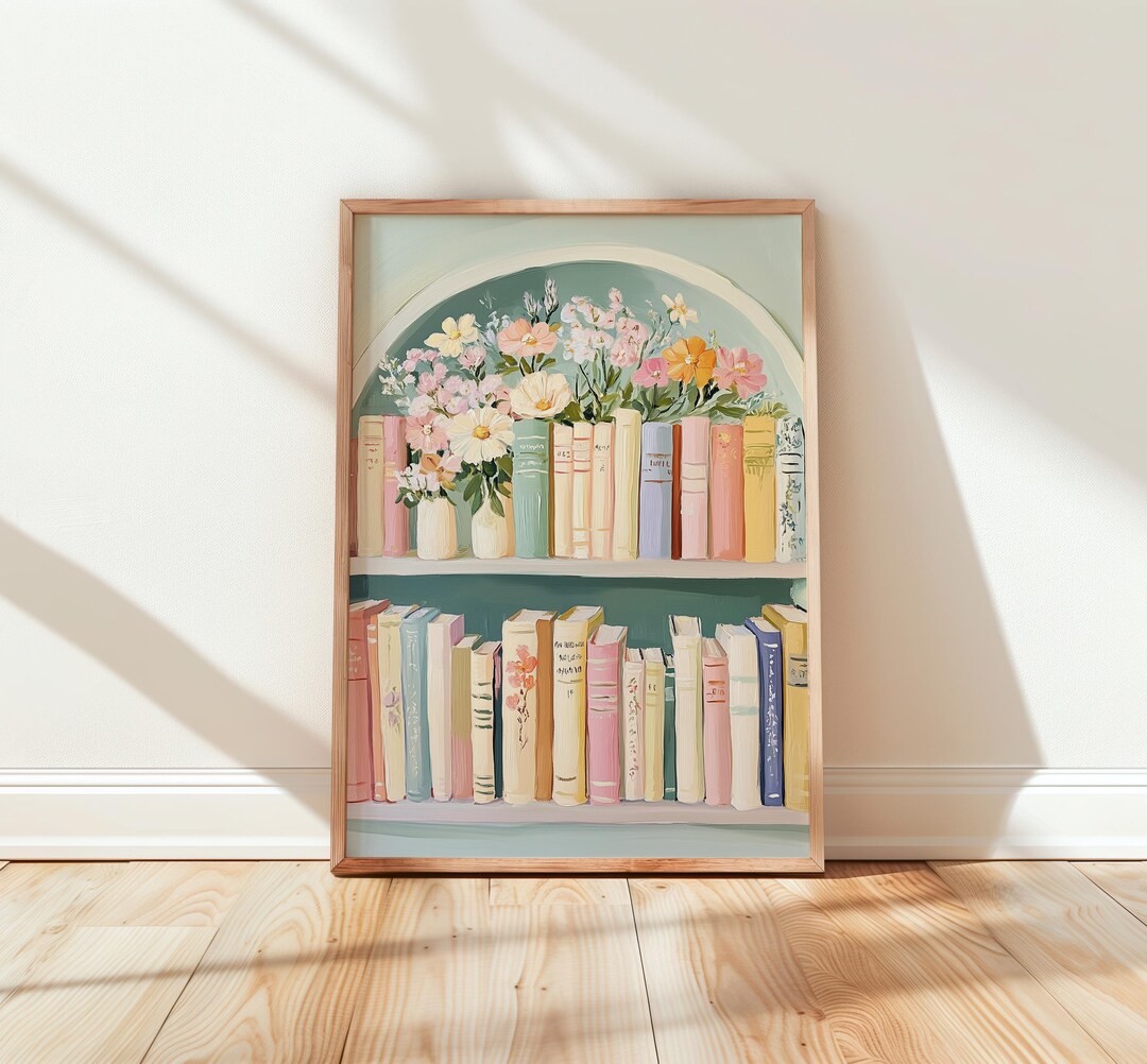 Floral Bookshelf Printable - Cottagecore Pastel Wall Art, Vintage Nook ...