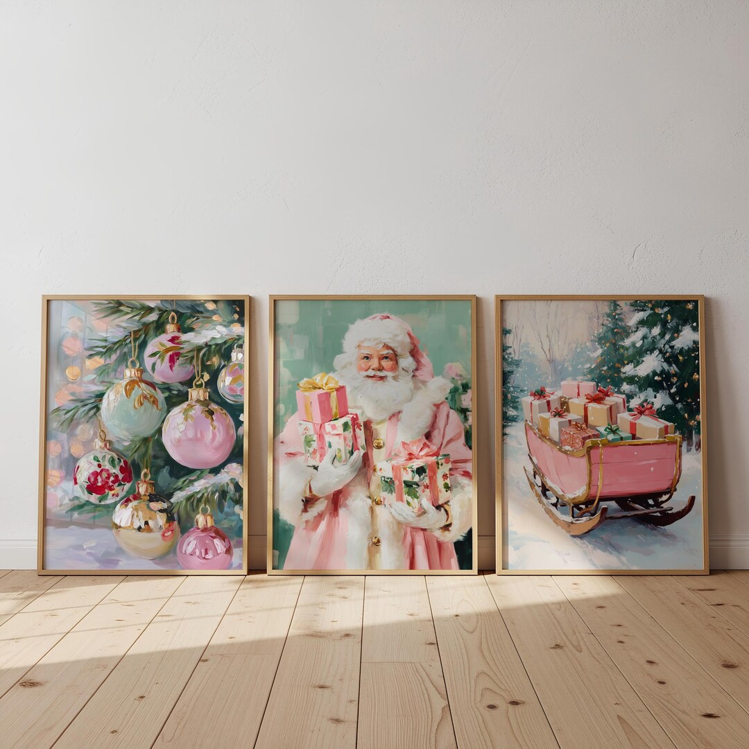 Pastel Christmas Wall Art Set, Pink Santa Print, Vintage Santa Artwork ...