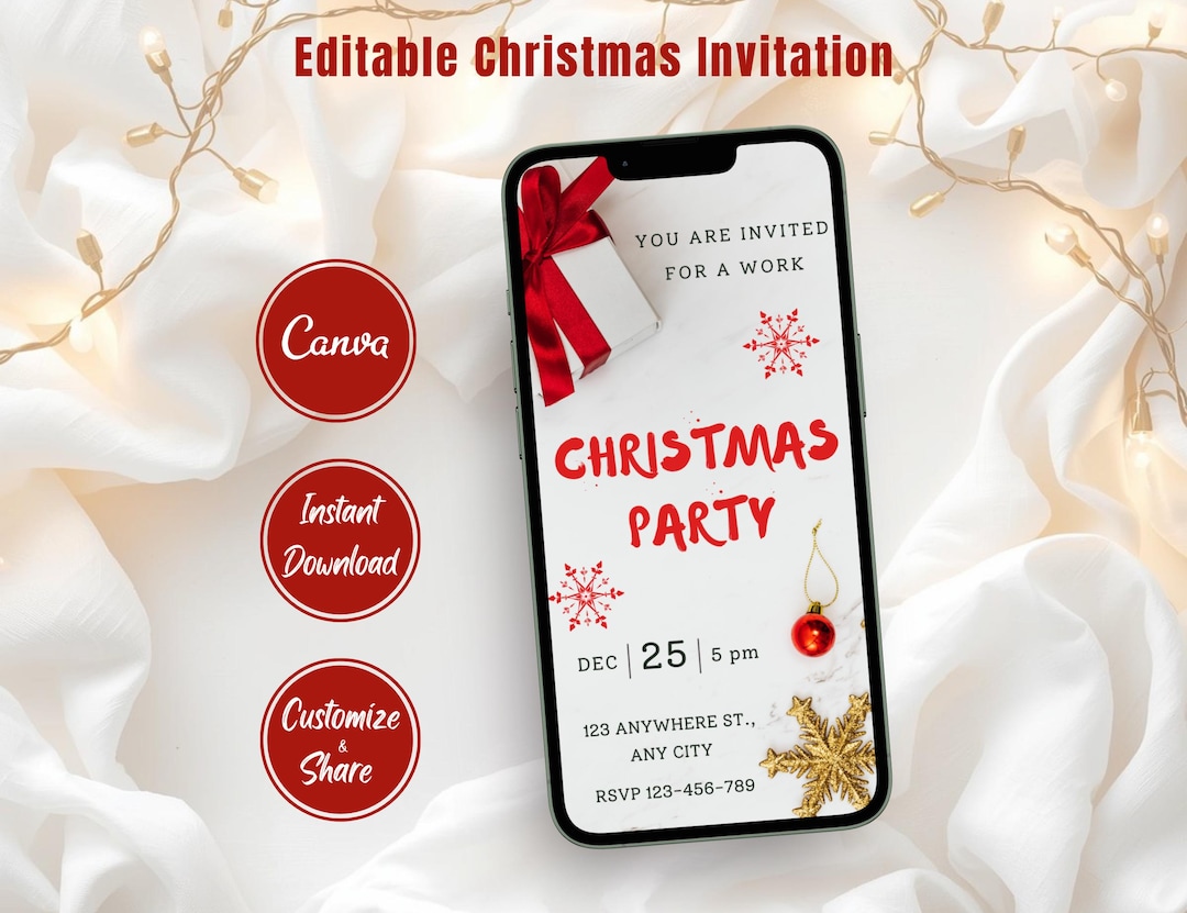 Editable Work Christmas Party Invitation | Modern Red & Gold Holiday ...