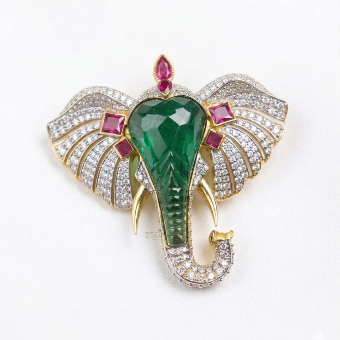 Elephant Brooch With Green & Red Gemstones | Diamond-style Statement ...