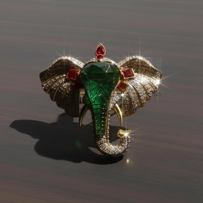 Elephant Brooch With Green & Red Gemstones | Diamond-style Statement ...