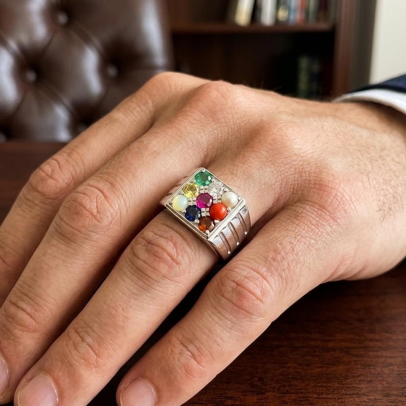 Buy Natural Navratna 9 Gemstone Sterling Silver Ring, Astrology ...