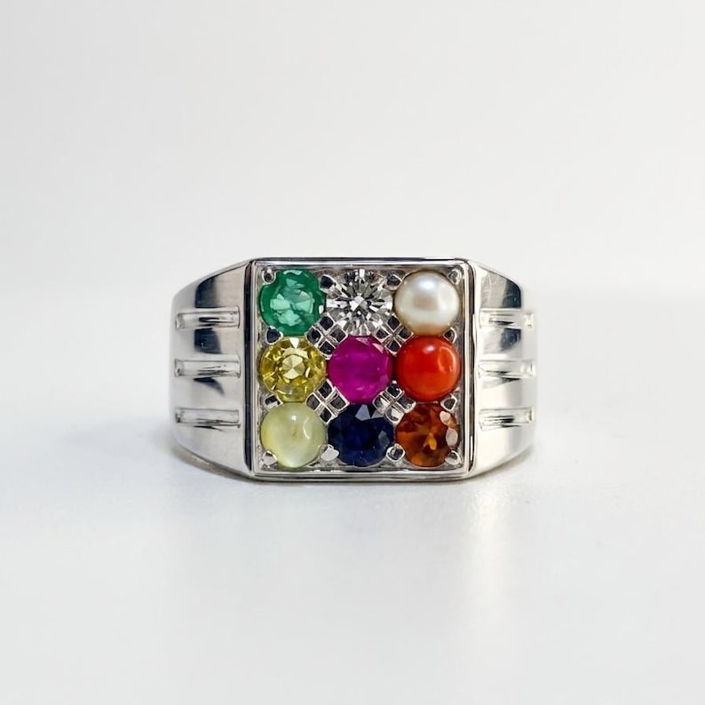 Buy Natural Navratna 9 Gemstone Sterling Silver Ring, Astrology ...