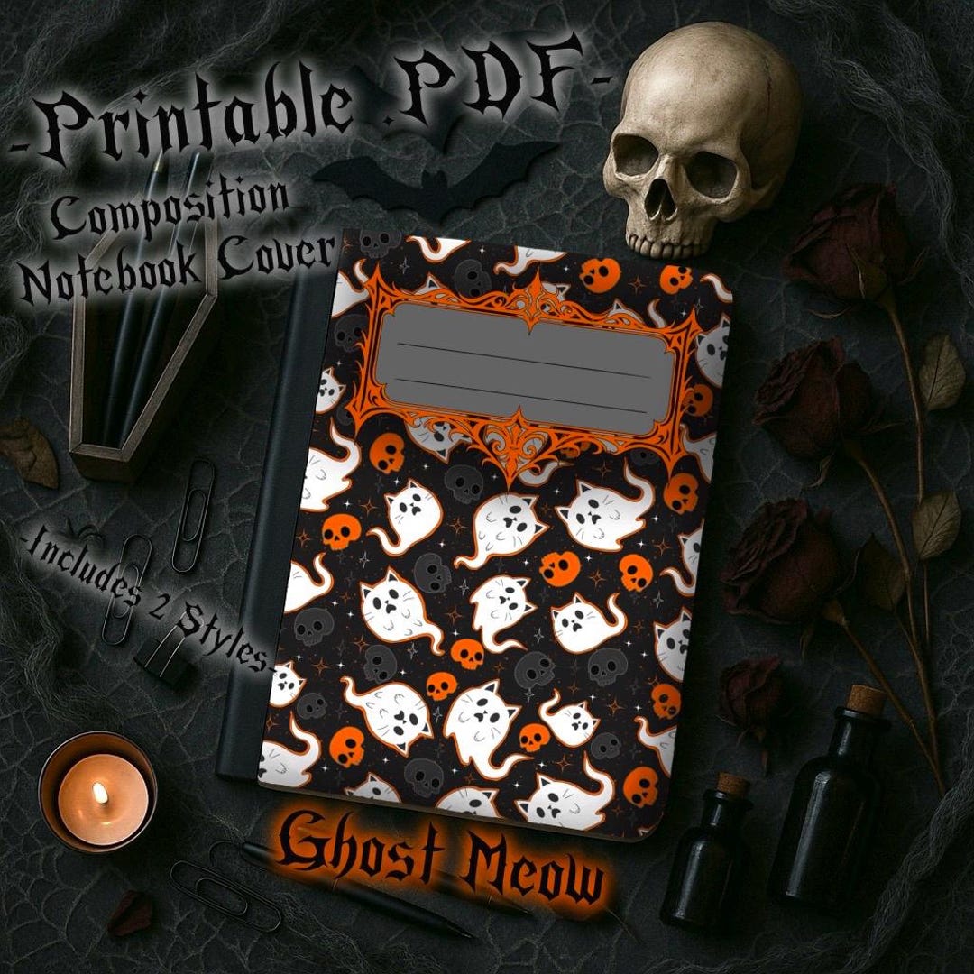 Ghost Cat Notebook Cover – Spooky Halloween Printable (PDF Download, 7 ...