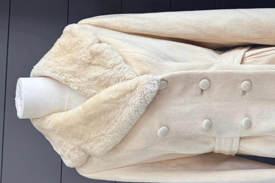 Vintage Cream Wool Pea Coat: Roos Atkins California, Faux Fur Lapel ...