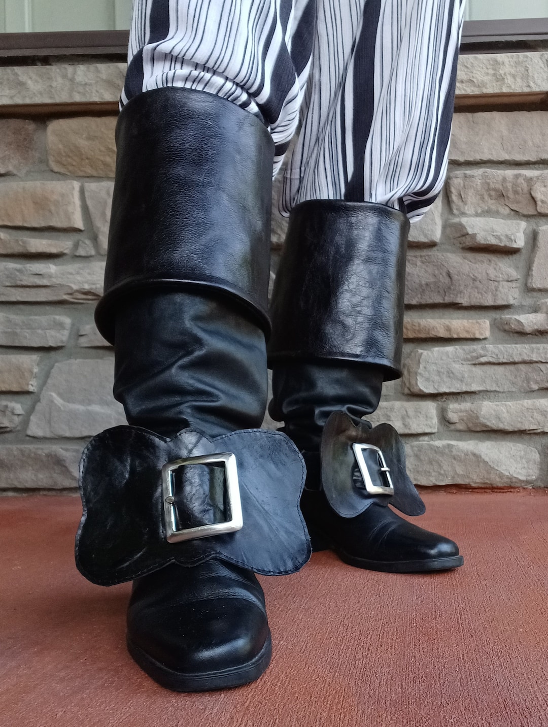 Lady Pirate Boots Black Leather Wide Cuffs Silver Buckle Caribbean ...