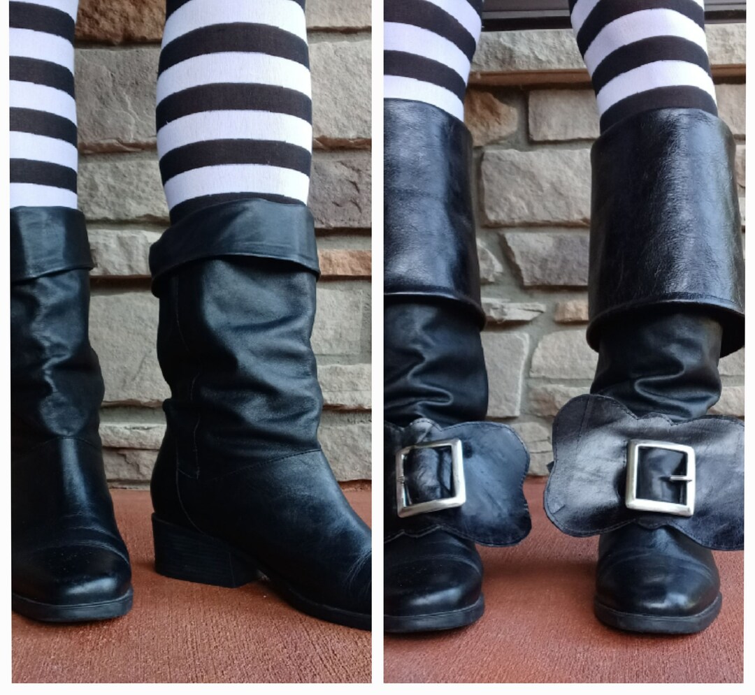 Lady Pirate Boots Black Leather Wide Cuffs Silver Buckle Caribbean ...