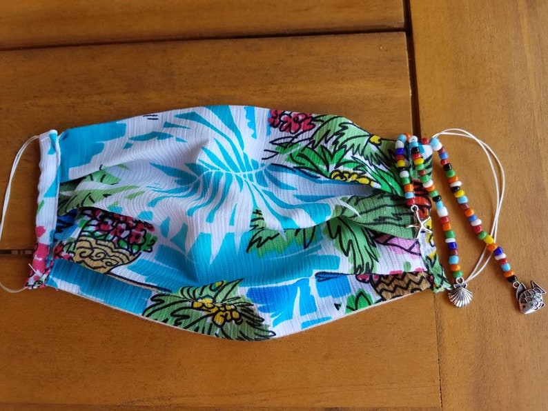 Summer face mask embellished Hawaiian print colorful beads n | Etsy
