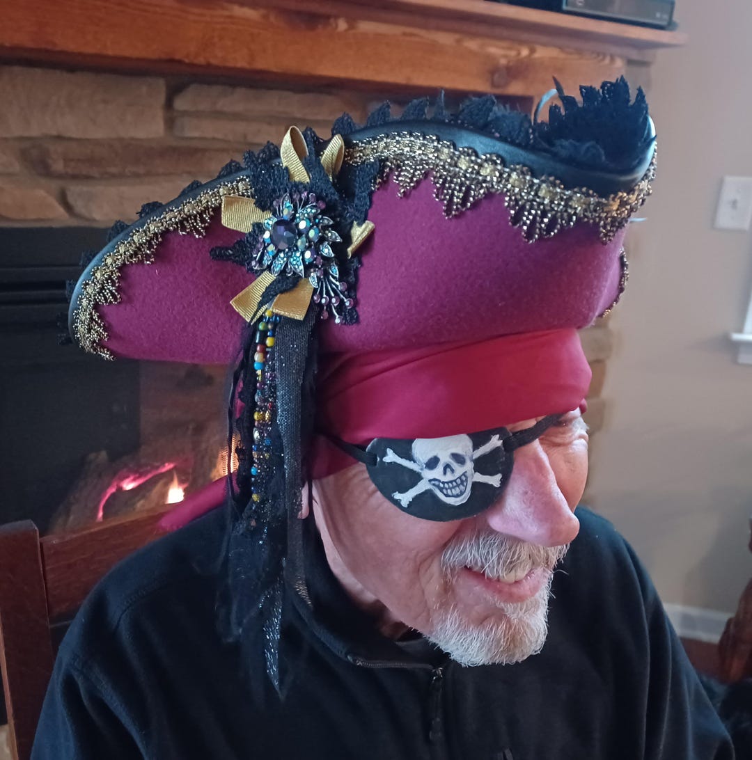 Pirate Hat Fancy Tricorne Maroon Gold and Black Trim Black Feather ...