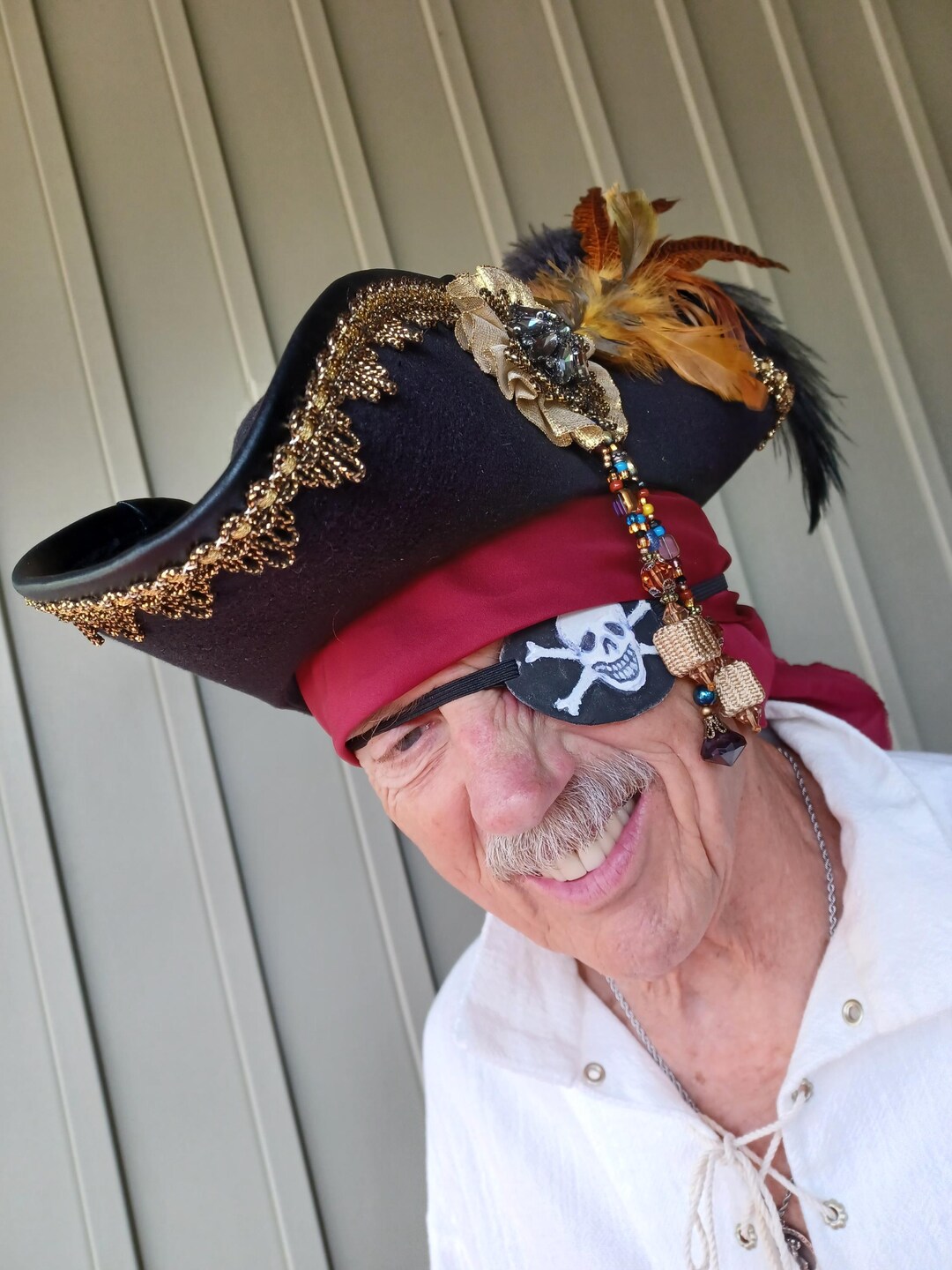 Black Pirate Tricorne Hat Feathers and Fancy Gold Trim and Beads Unisex ...