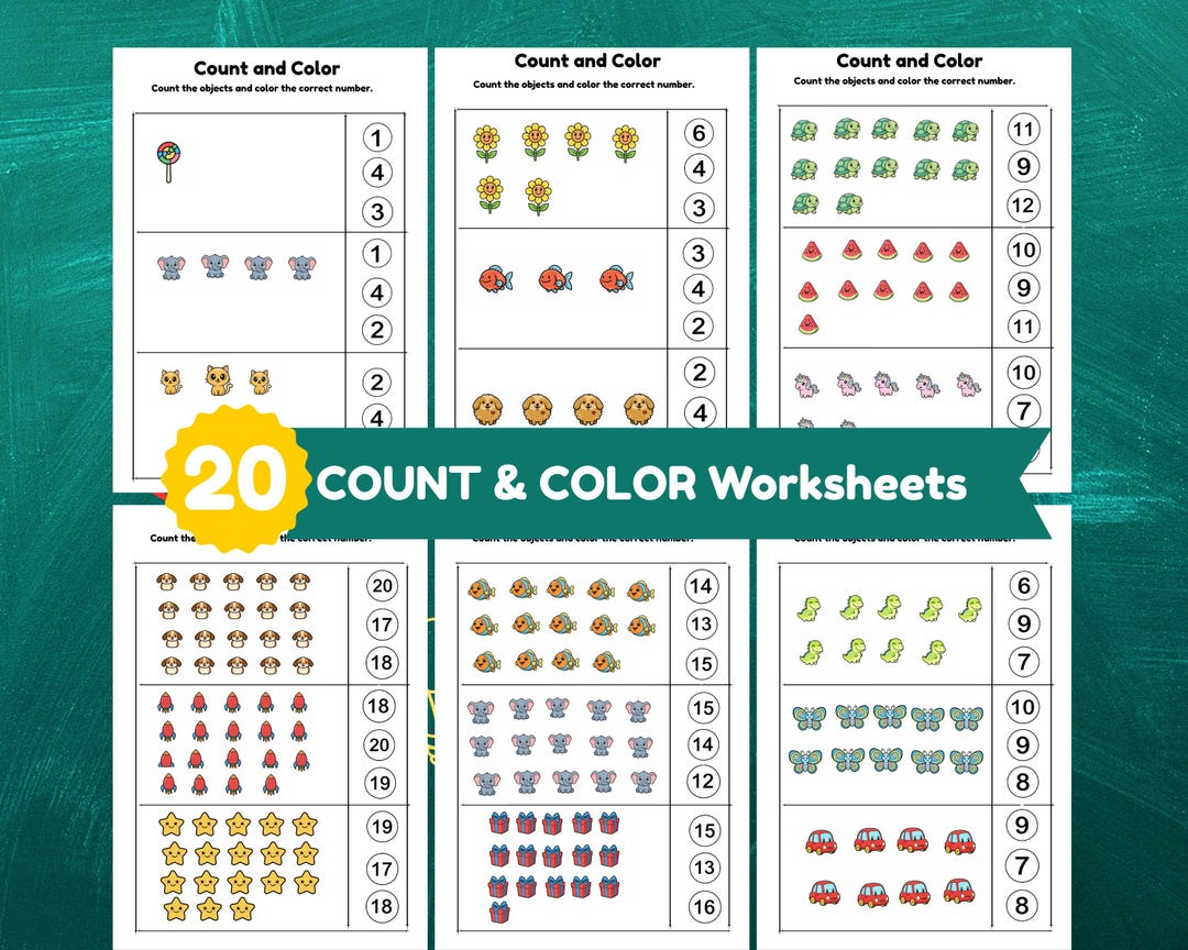 Count & Color Worksheets – Learn Numbers 1–20 (kindergarten Prep) - Etsy