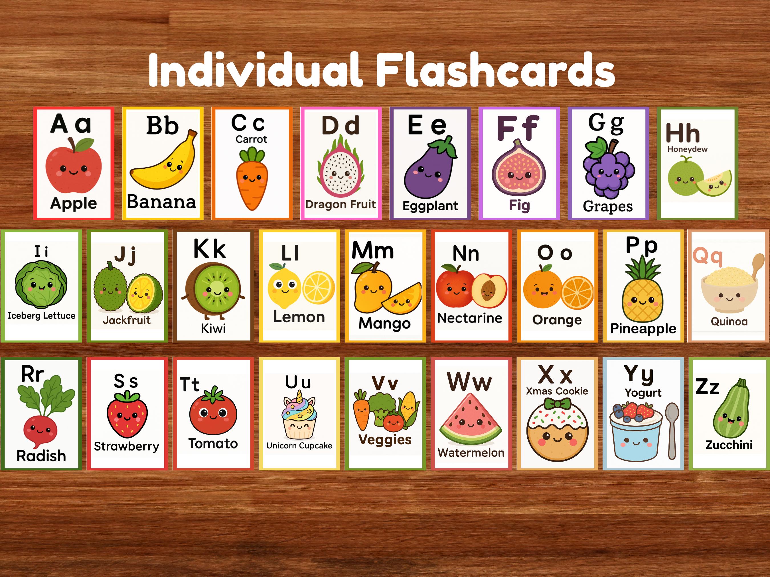 Alphabet Flashcards for Toddlers, Fruits & Veggies ABC Learning Cards ...