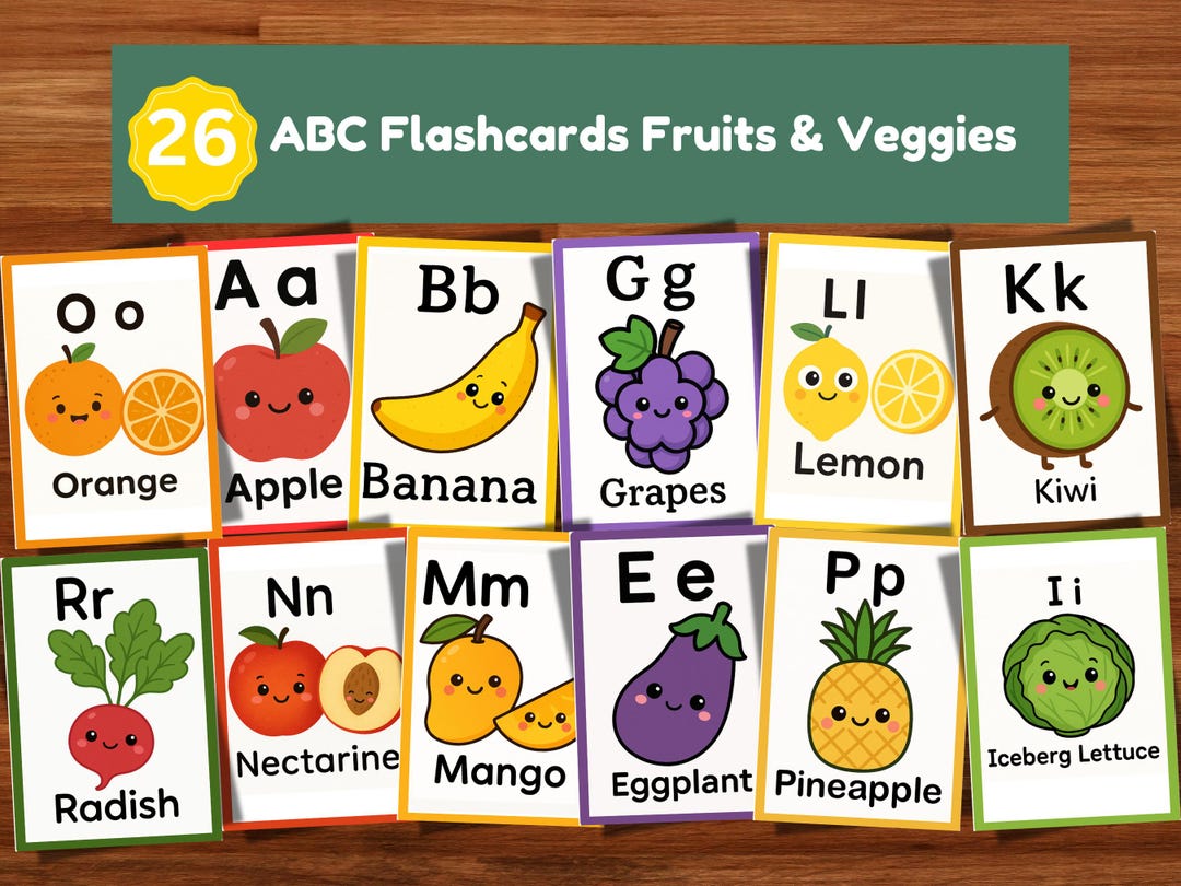 Alphabet Flashcards for Toddlers, Fruits & Veggies ABC Learning Cards ...
