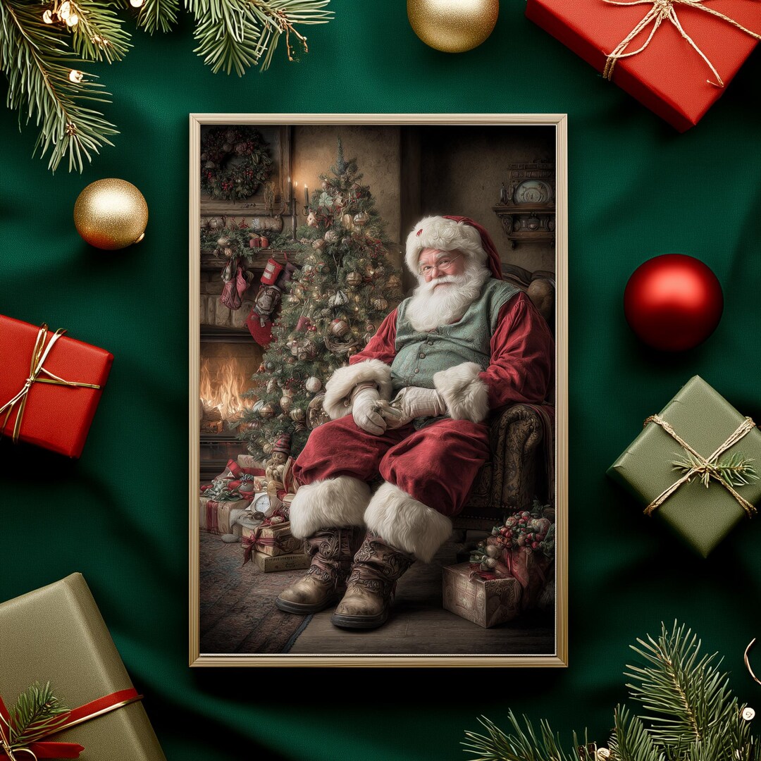 Traditional Santa Christmas Art Print – Green Vest, Fireplace Scene ...