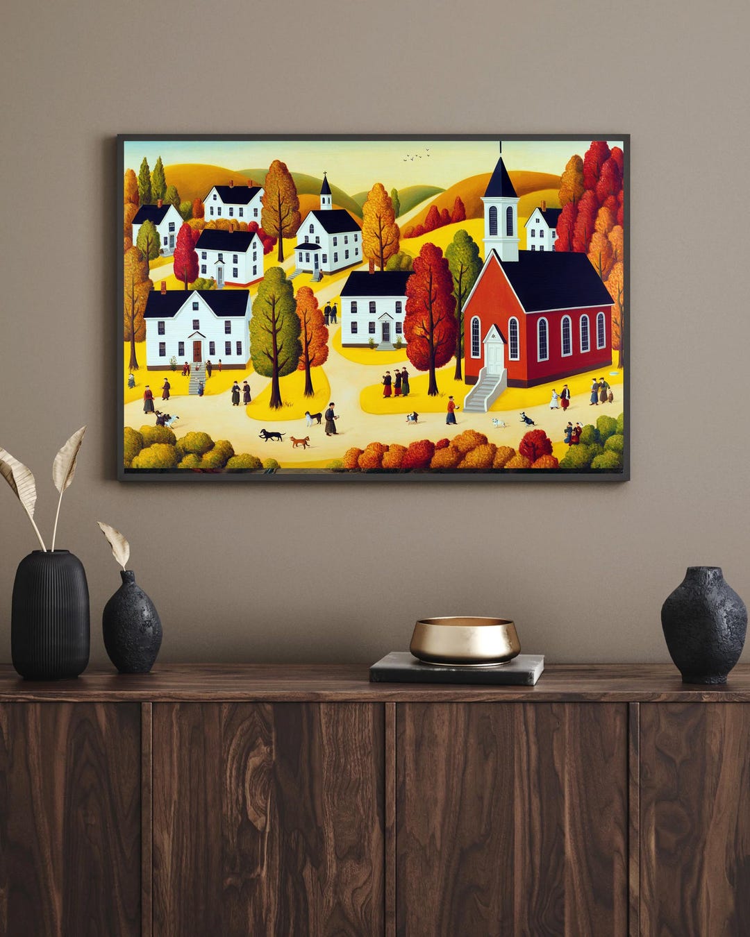 Folk Art Autumn Village Church Print: New England Fall Decor (digital ...