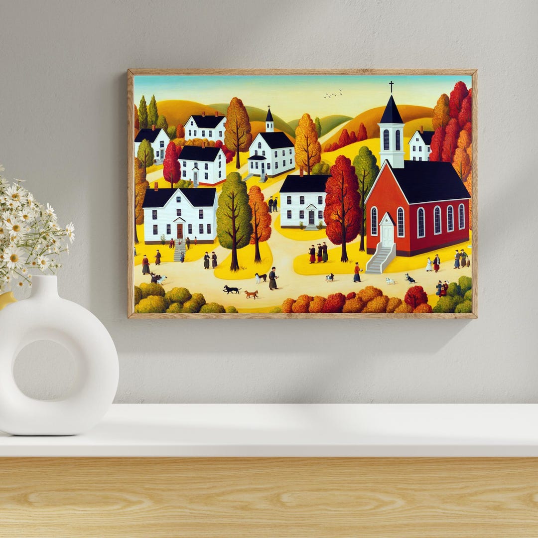 Cottagecore Autumn Village Print: Folk-art Red Church (digital Download ...
