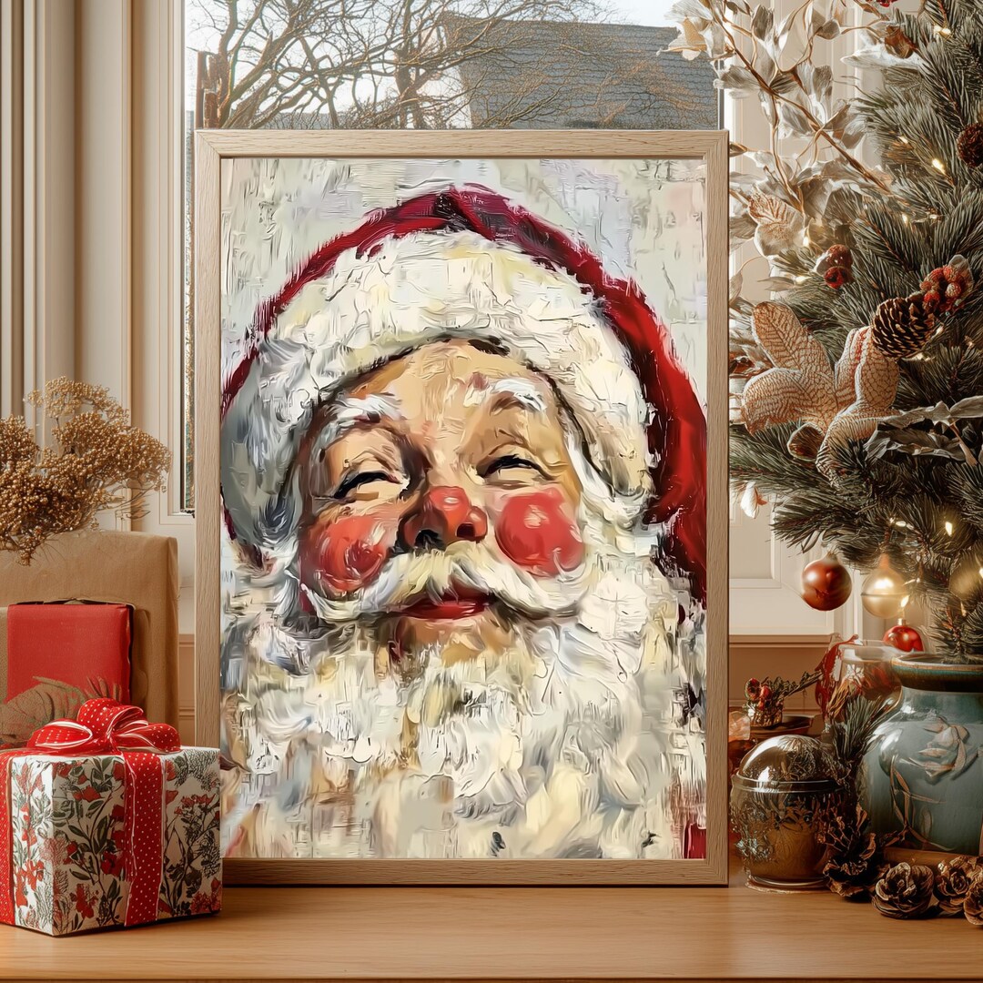 Vintage Santa Face Oil Painting Print, Retro Christmas Decor (digital ...