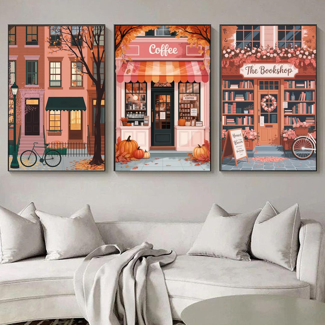 Vintage Storefront Art Print Set: Cafe, Townhouse, Bookshop Trio ...