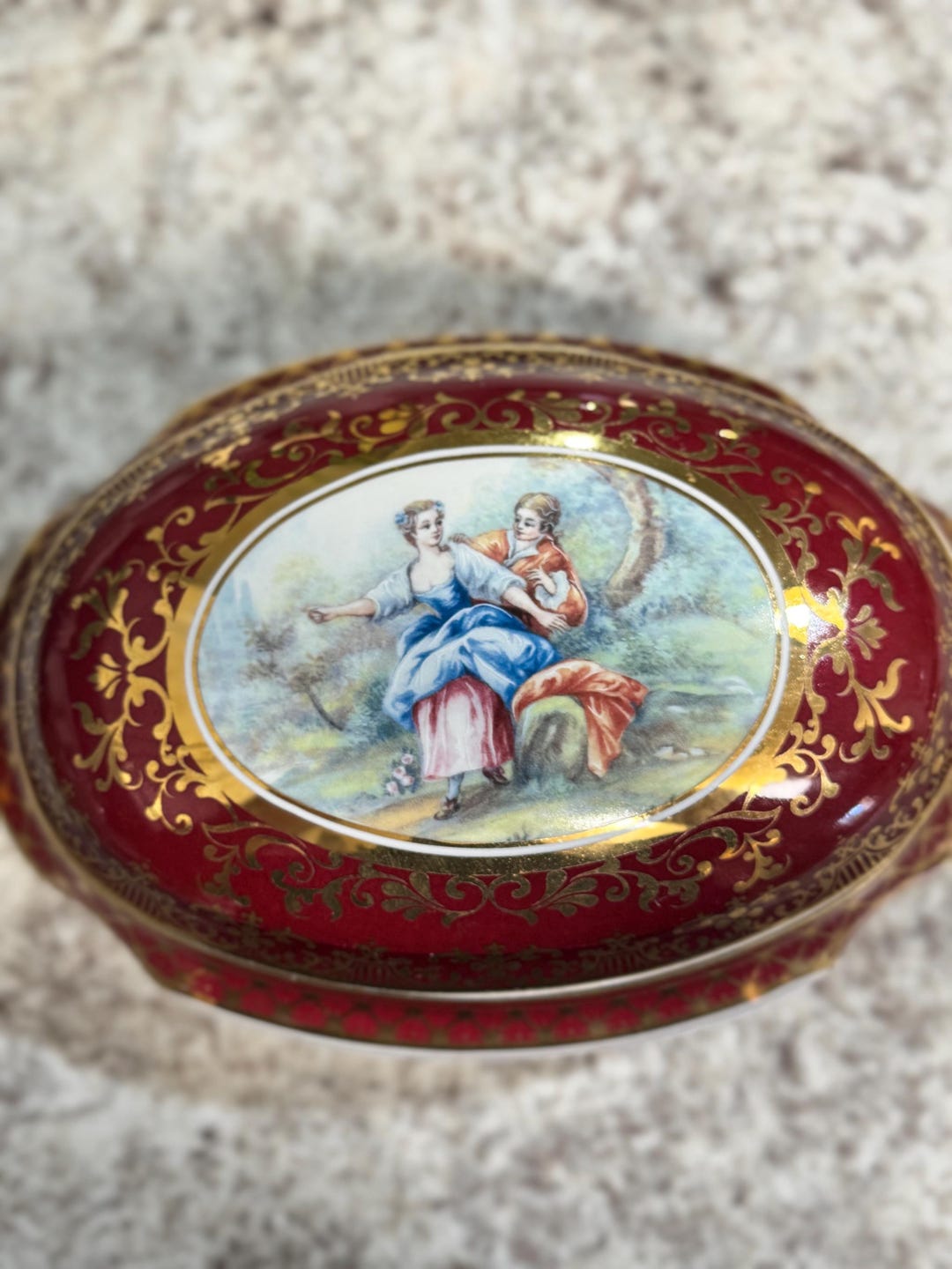 Vintage Rococo Porcelain Trinket Box: Red & Gold Courting Scene - Etsy