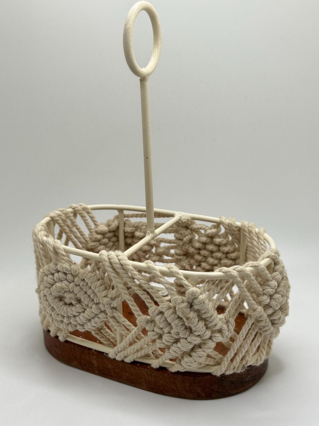 Vintage Macramé Boho Caddy Organizer – Wooden Base Basket, 4-section ...