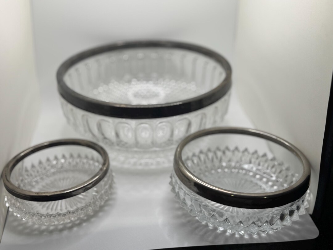 Vintage Cut Glass Bowl Set – Silver Rim, Starburst Design - Etsy