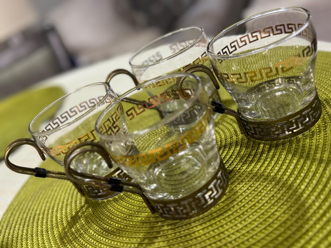 Vintage Libbey Greek Key Glasses – 22k Gold Trim, Brass Holders, Set of ...