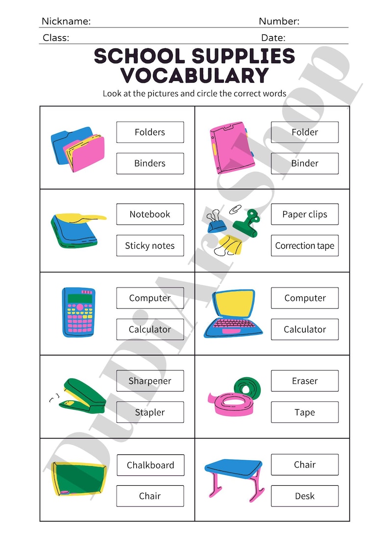 ESL Vocabulary Worksheets for Kids: Clothes, Days, School (printable ...