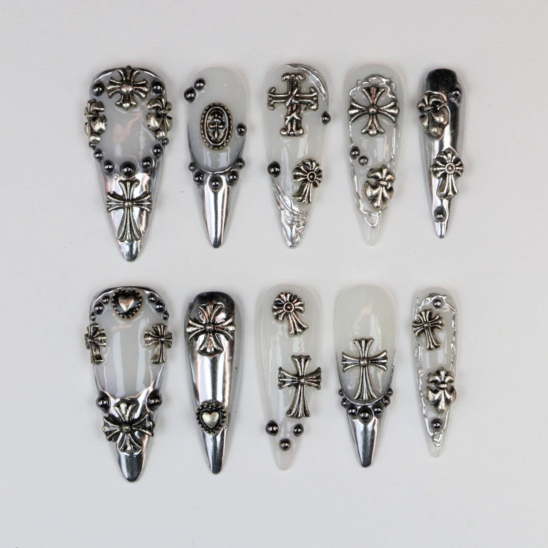 Alt Fashion Gothic Long Stiletto Press on Nails/3d Chrome Heart Cross ...