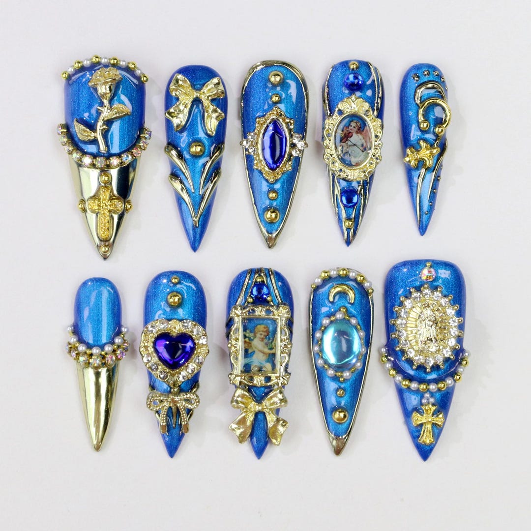 Luxury Blue & Gold Frame Baroque Angel Stiletto Press on Nails,gemstone ...