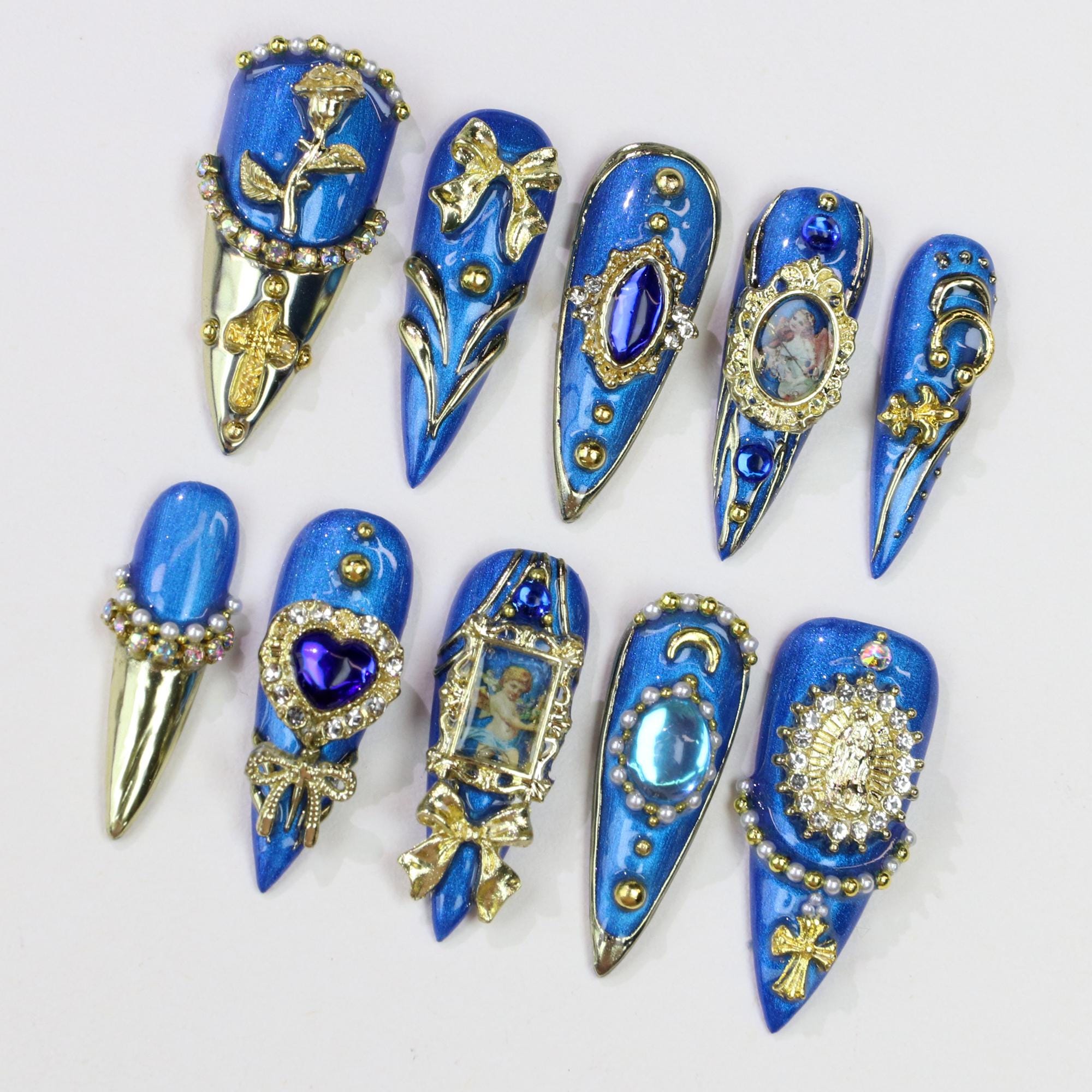Luxury Blue & Gold Frame Baroque Angel Stiletto Press on Nails,gemstone ...