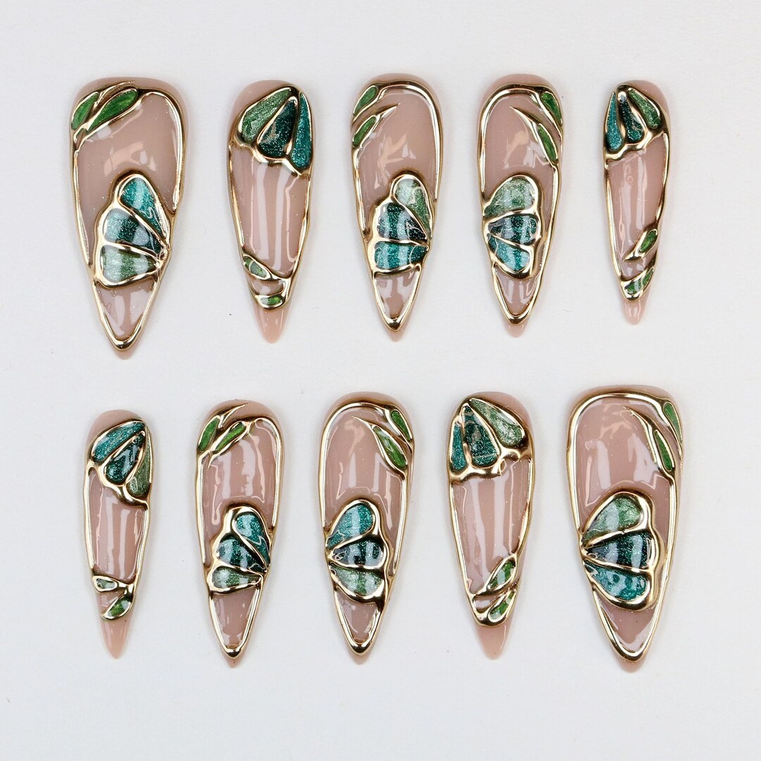 Luxury 3D Enamel Stained Glass Stiletto Press on Nails/handmade Gold ...