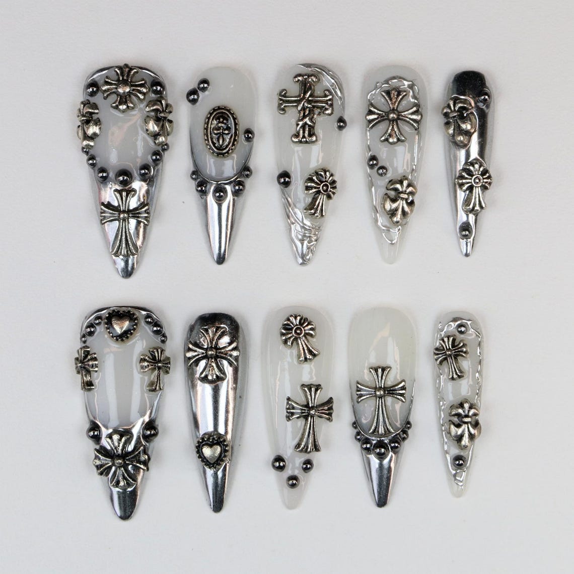 Alt Fashion Gothic Long Stiletto Press on Nails/3d Chrome Heart Cross ...