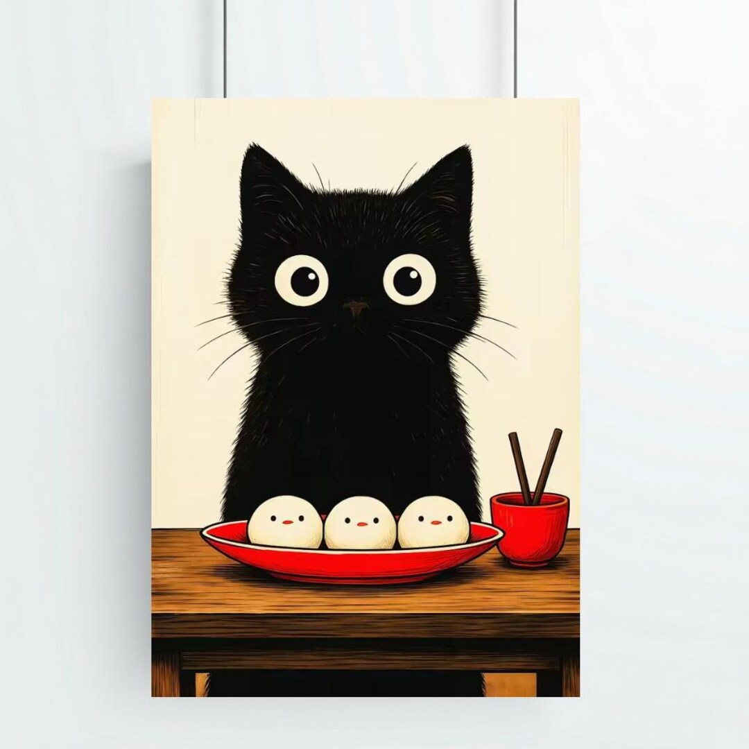 Black Cat Mochi Dumplings Poster Cute Foodie Big Eyes Asian Art - Etsy
