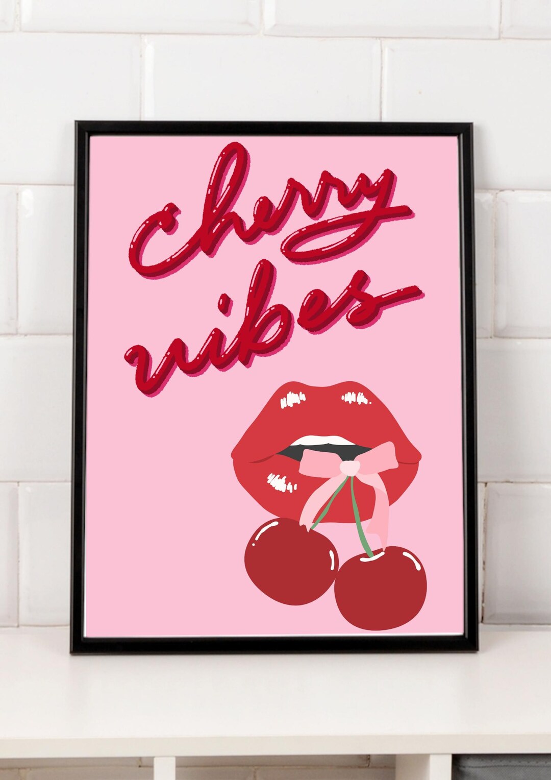 Cherry Vibes Poster | Cherries in the Mouth Print | Pink Wall Art ...