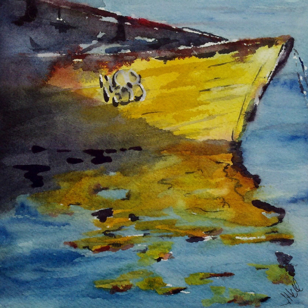 Nautical Art, Boat, Reflection, Harbor, Yellow, Ocean. A Time to Relect ...