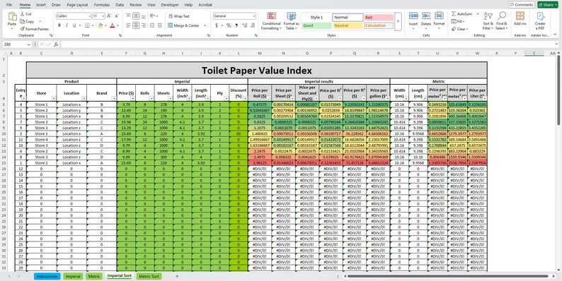 Toilet Paper Value Index Excel Template - Etsy