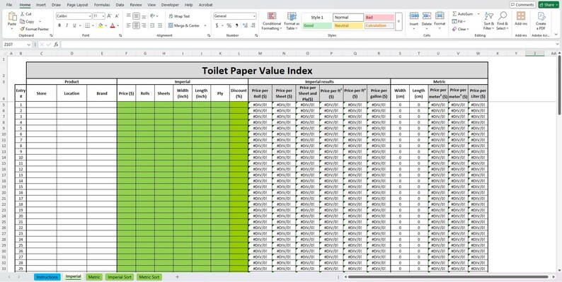 Toilet Paper Value Index Excel Template - Etsy