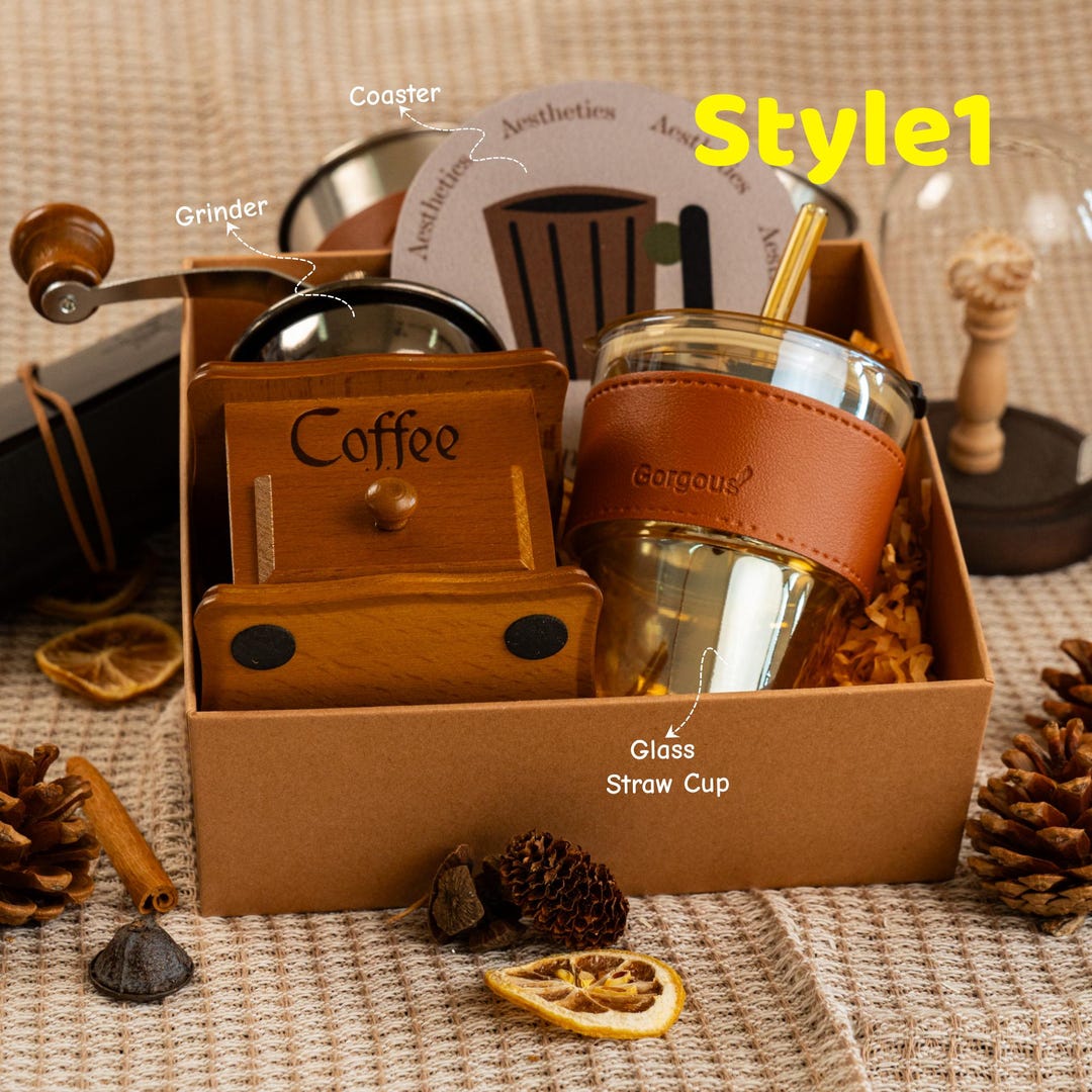Rustic Coffee Lover Gift Box Manual Grinder Glass Straw Cup Stainless ...