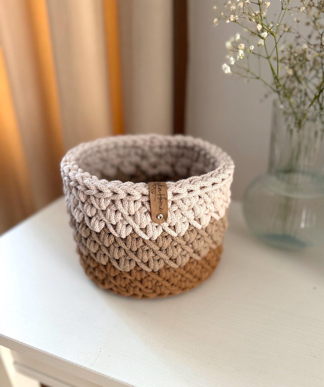 Tricolor Crochet Basket With Wooden Base, Neutral Home Decor, Small ...