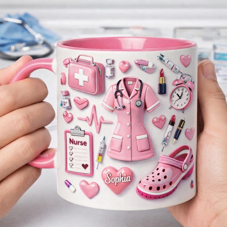 Nurse Life Mug, Cute Medical Icons Design, Personalized Accent Coffee ...